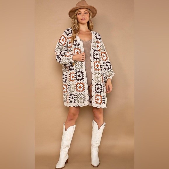 POL | Sweaters | Pol Crochet Granny Square Cardigan In Powder Beige ...